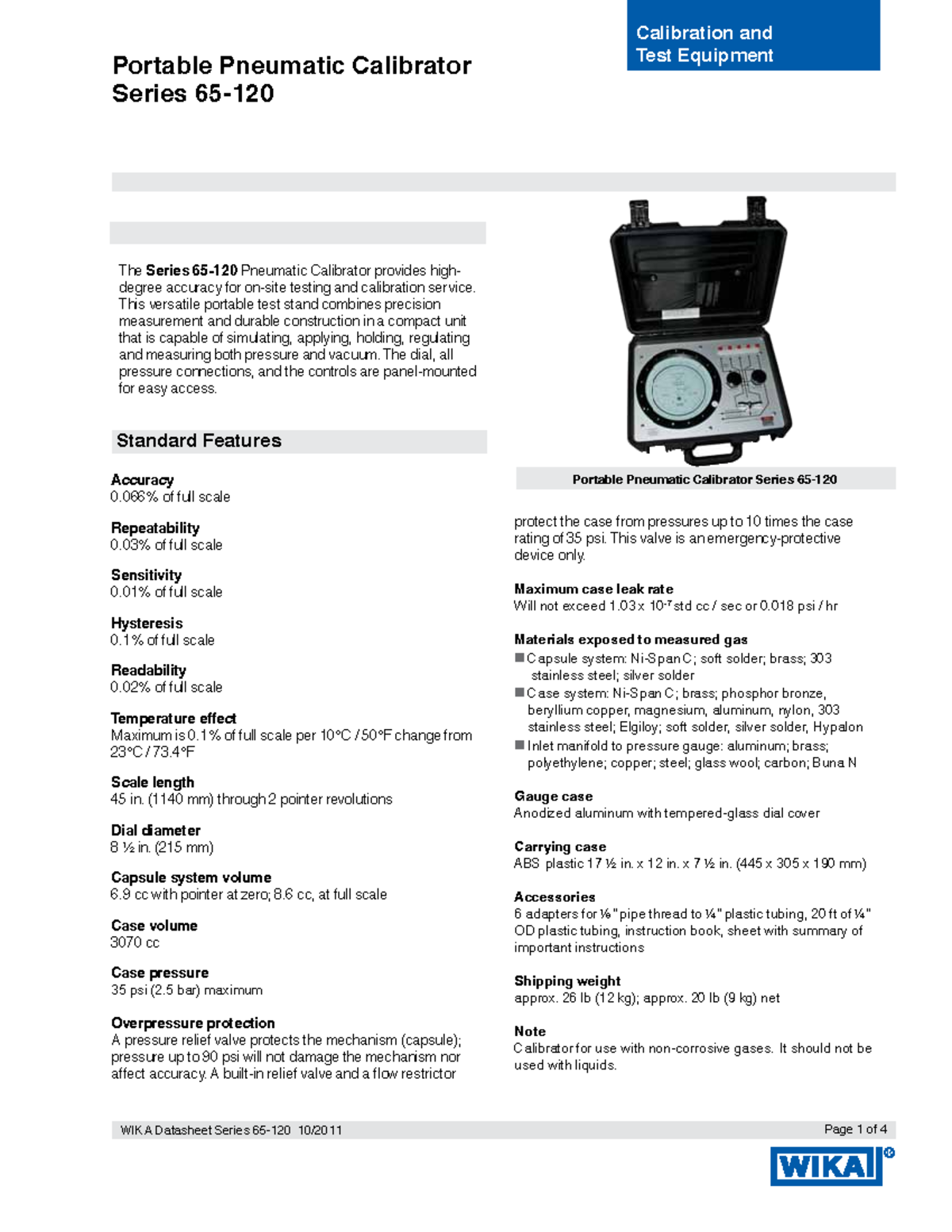 Manual Portable pneumatic calibrator series 65-120 - Calibration and ...