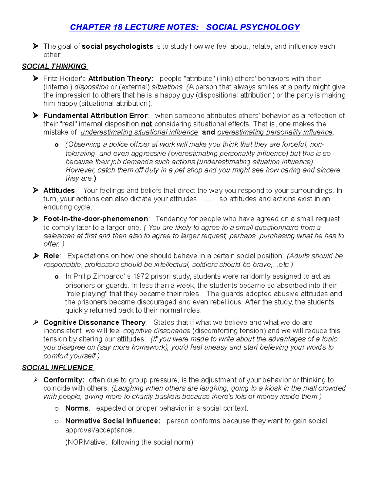 Ch18 Social Psychology - CHAPTER 18 LECTURE NOTES: SOCIAL PSYCHOLOGY ...