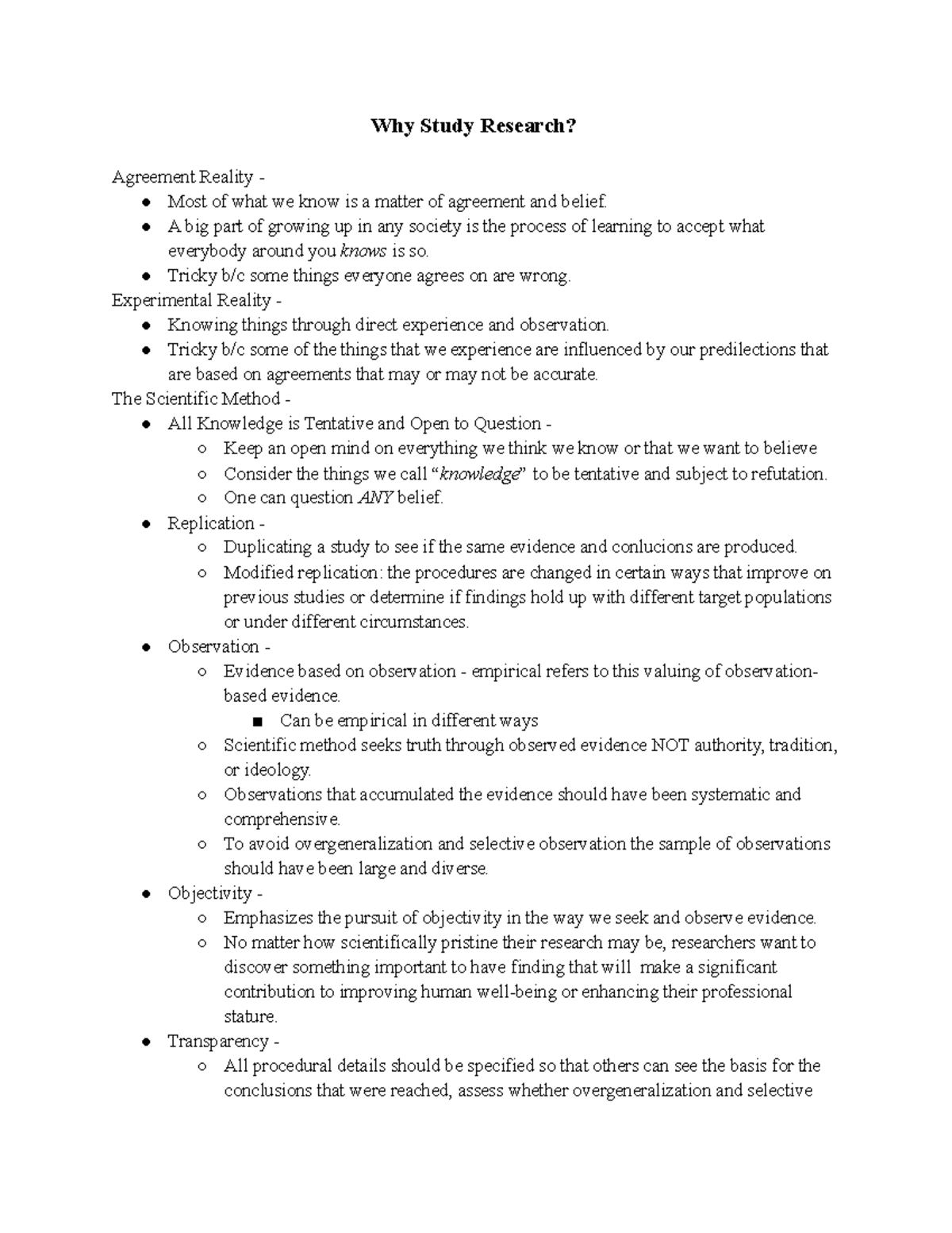 Chapters 1 and 2 - Why Study Research? Agreement Reality - Most of what ...