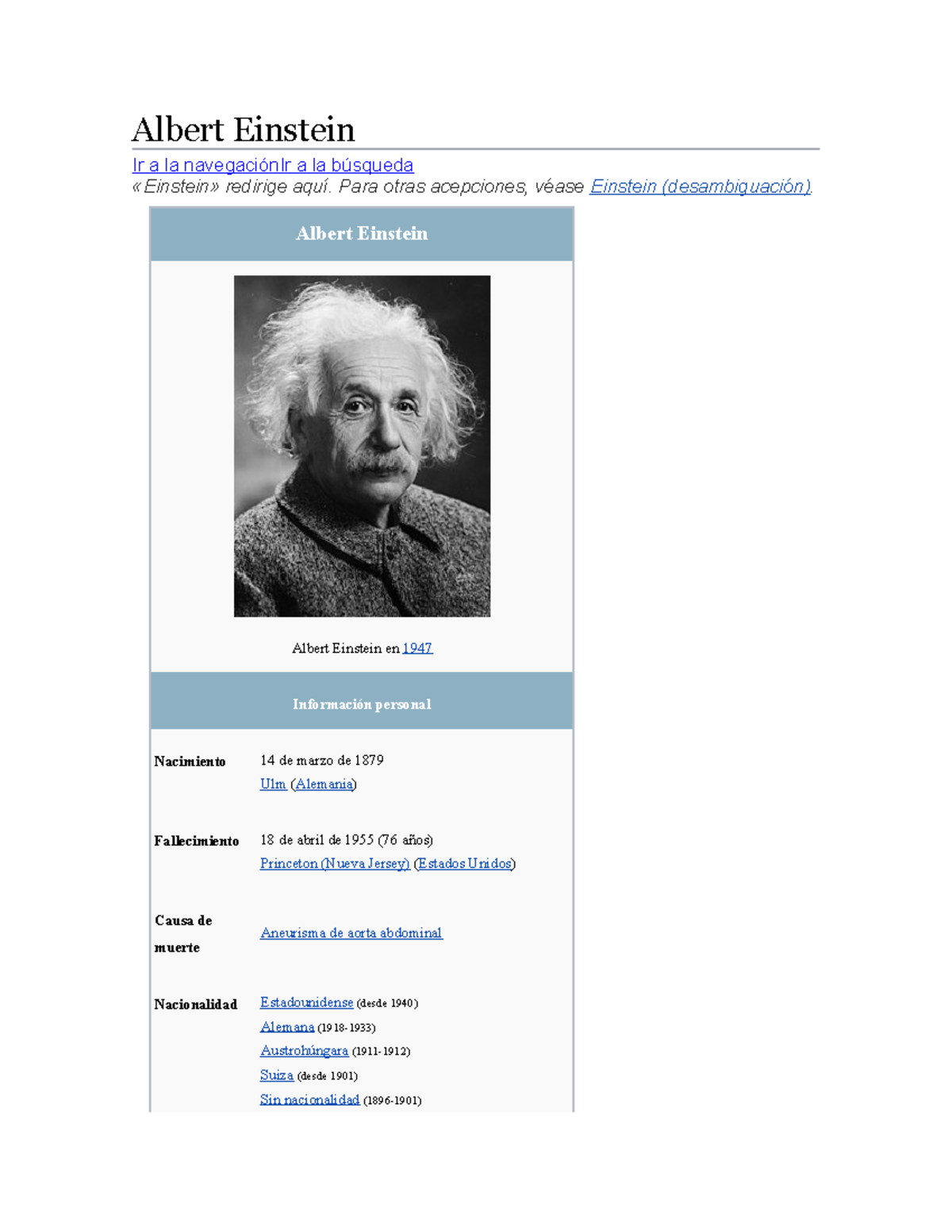 Albert Einstein - Para otras acepciones, véase Einstein (desambiguación). Albert Einstein Albert ...