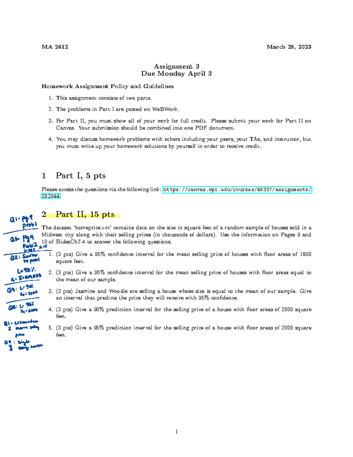Stats 2 Homework 3 - MA 2612 March 28, 2023 Assignment 3 Due Monday ...