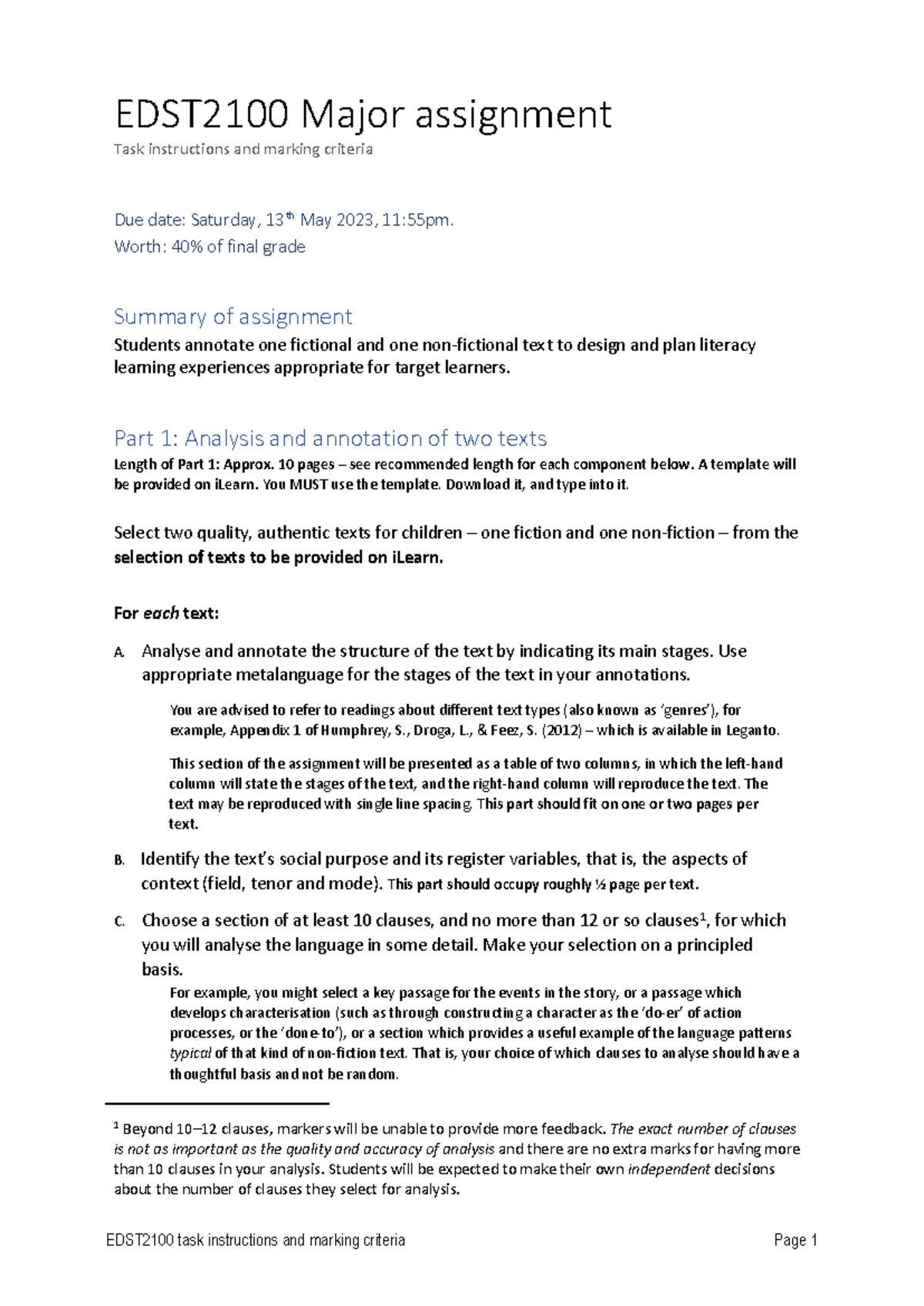 EDST2100 Major assignment instructions and marking criteria 2023 ...