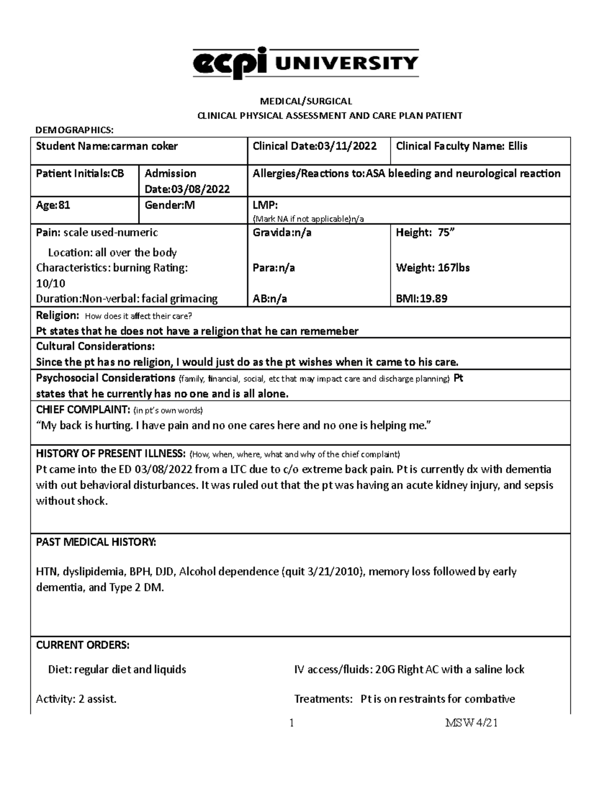 Nur257 careplan 2 - ellis - MEDICAL/SURGICAL CLINICAL PHYSICAL ...