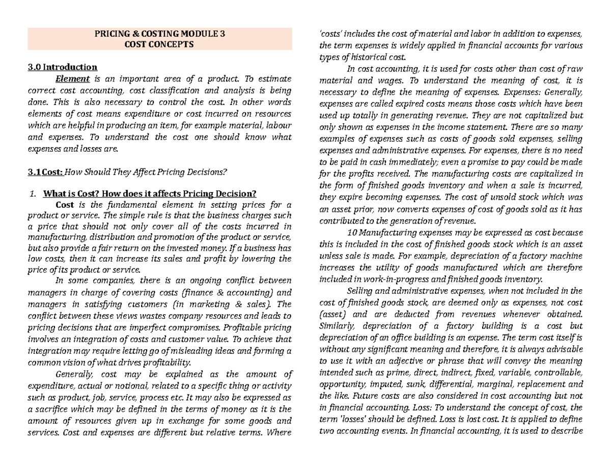Cost Concepts Pricing Structure - PRICING & COSTING MODULE 3 COST CONCEPTS 3 Introduction - Studocu