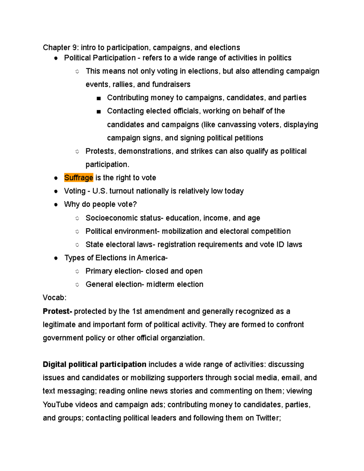 Ch.9 POLS notes - Participation and campaigns - Chapter 9: intro to ...
