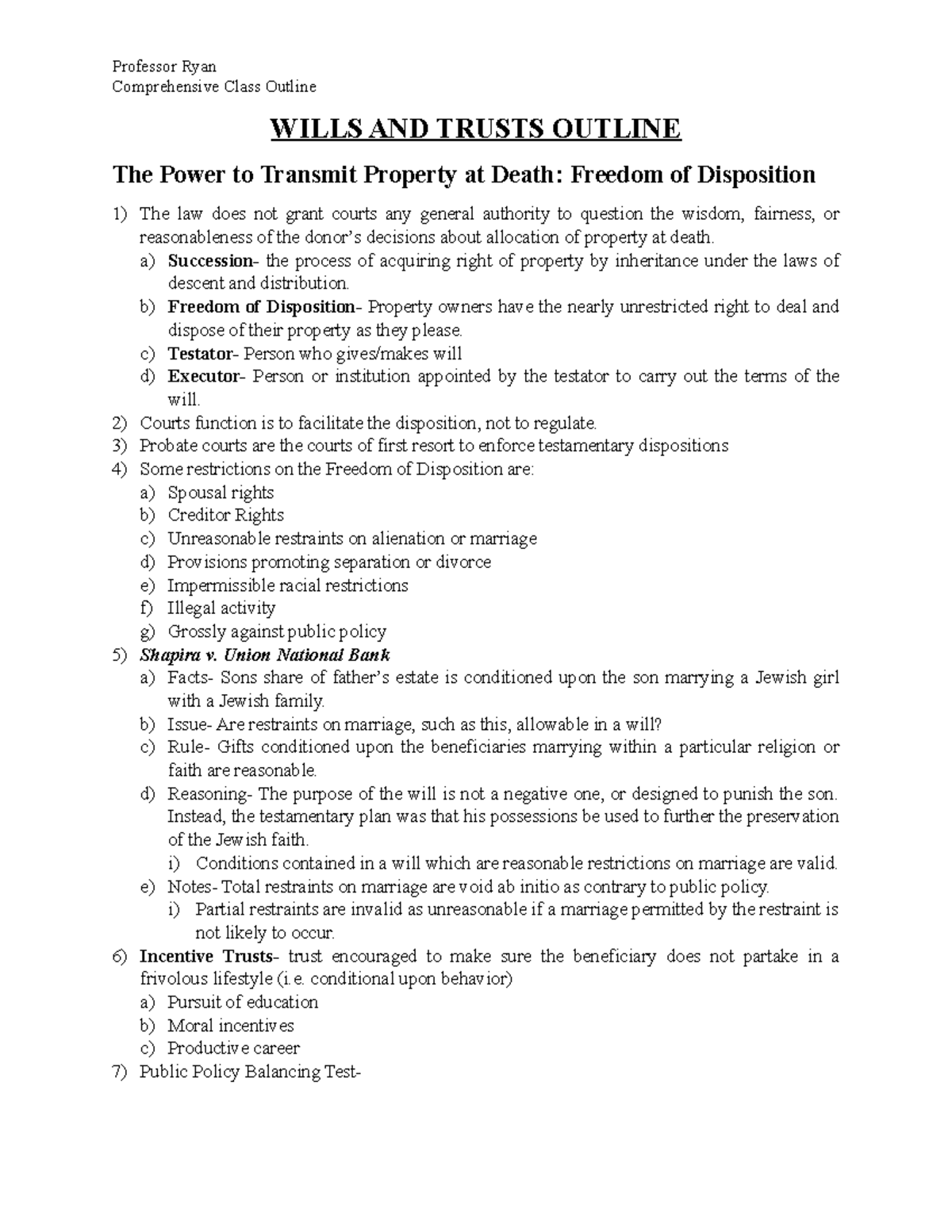 Wills AND Trusts Outline - Professor Ryan Comprehensive Class Outline ...