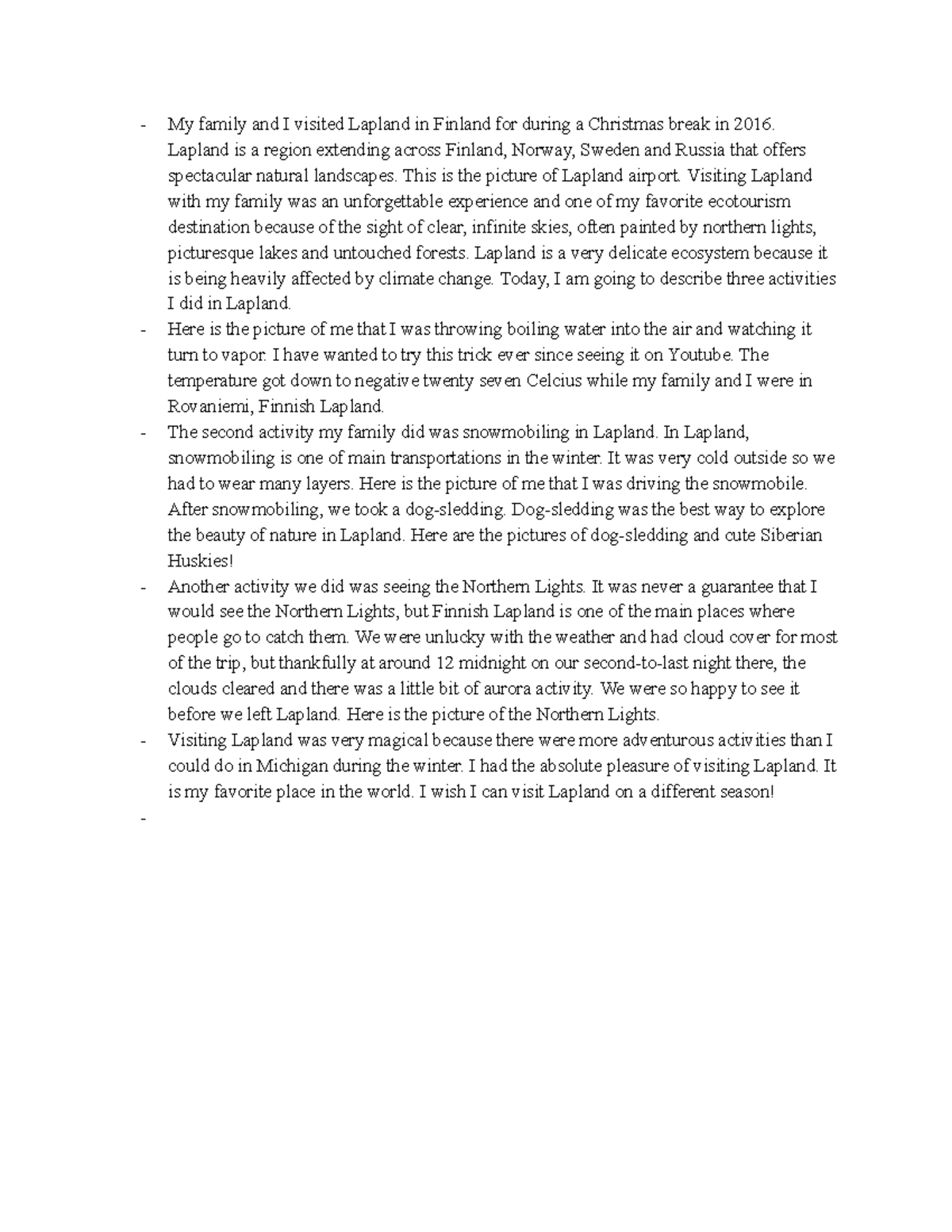 SPN 101 Project 1 Essay - My family and I visited Lapland in Finland ...