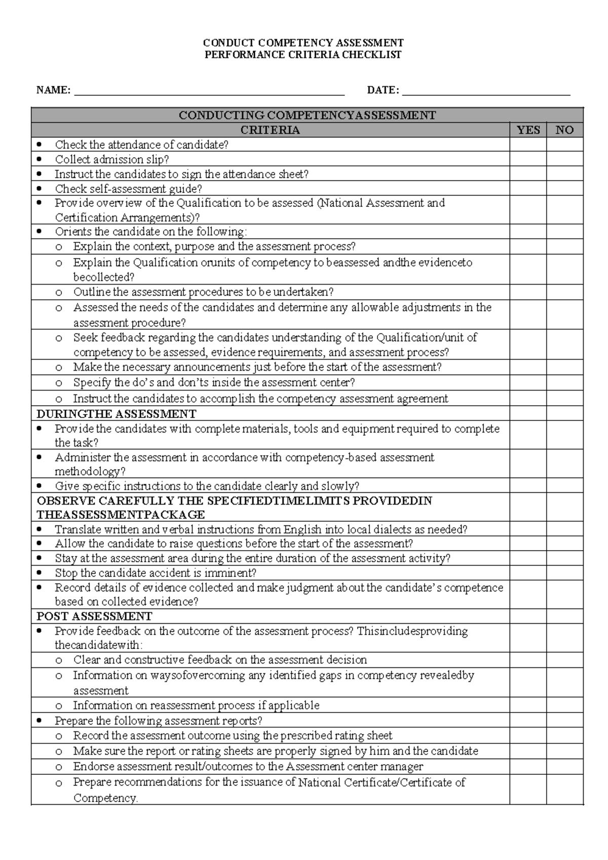 Conduct Competency Assessment - Performance Criteria Checklist 001 ...