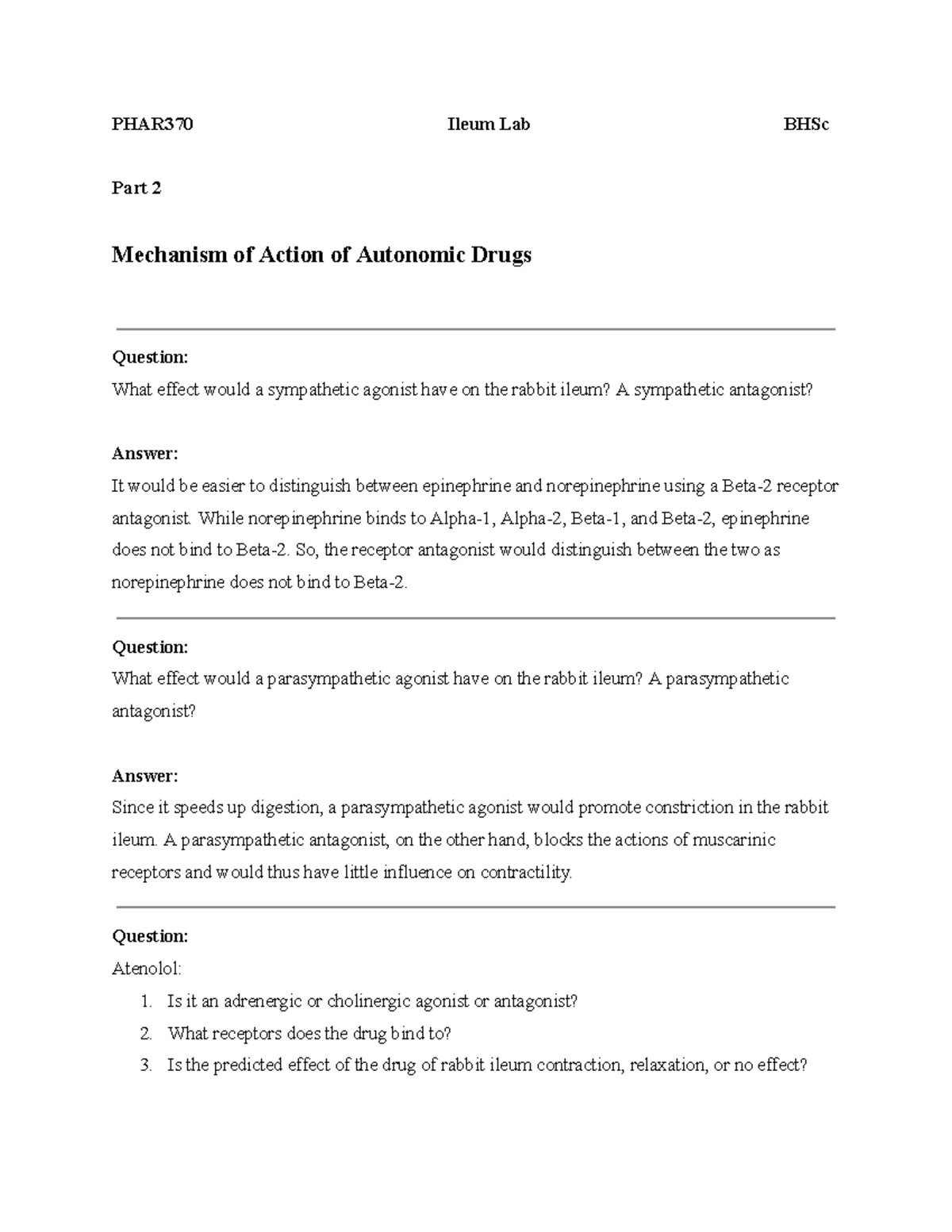 PHAR370 pdf2 AND 3 - PHAR370 Ileum Lab BHSc Part 2 Mechanism of Action ...