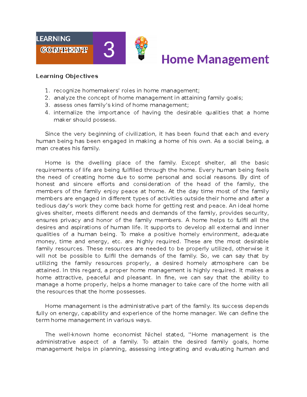 Topic 3 Home Management - Home Management Learning Objectives 1 ...