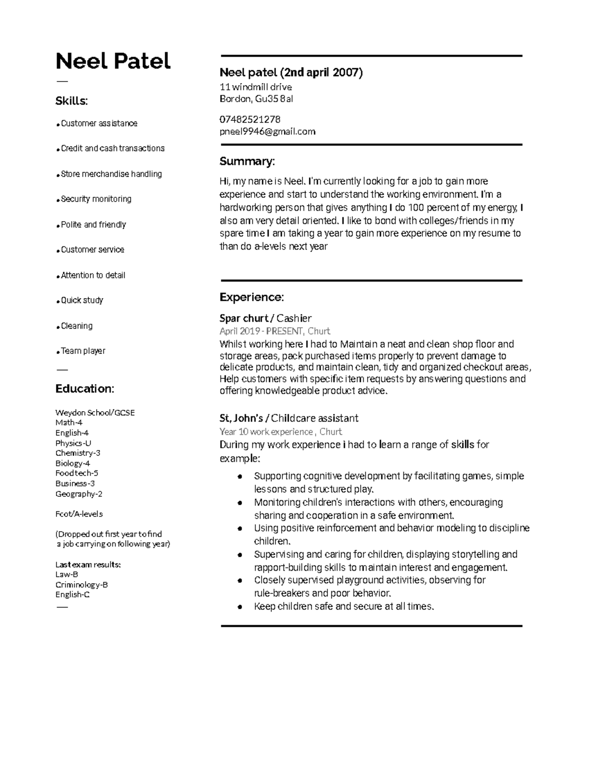 unit 14 customer service - Neel Patel ᅳ Skills: .Customer assistance ...