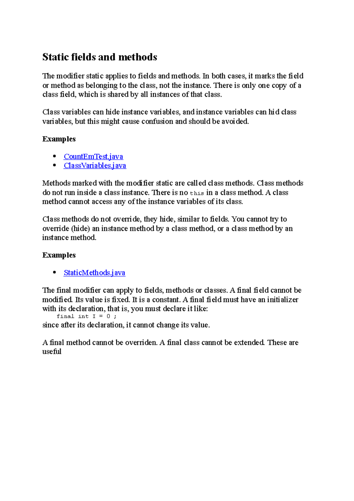 Static Fields And Methods Lecture Notes Static Fields And Methods The Modifier Static Applies
