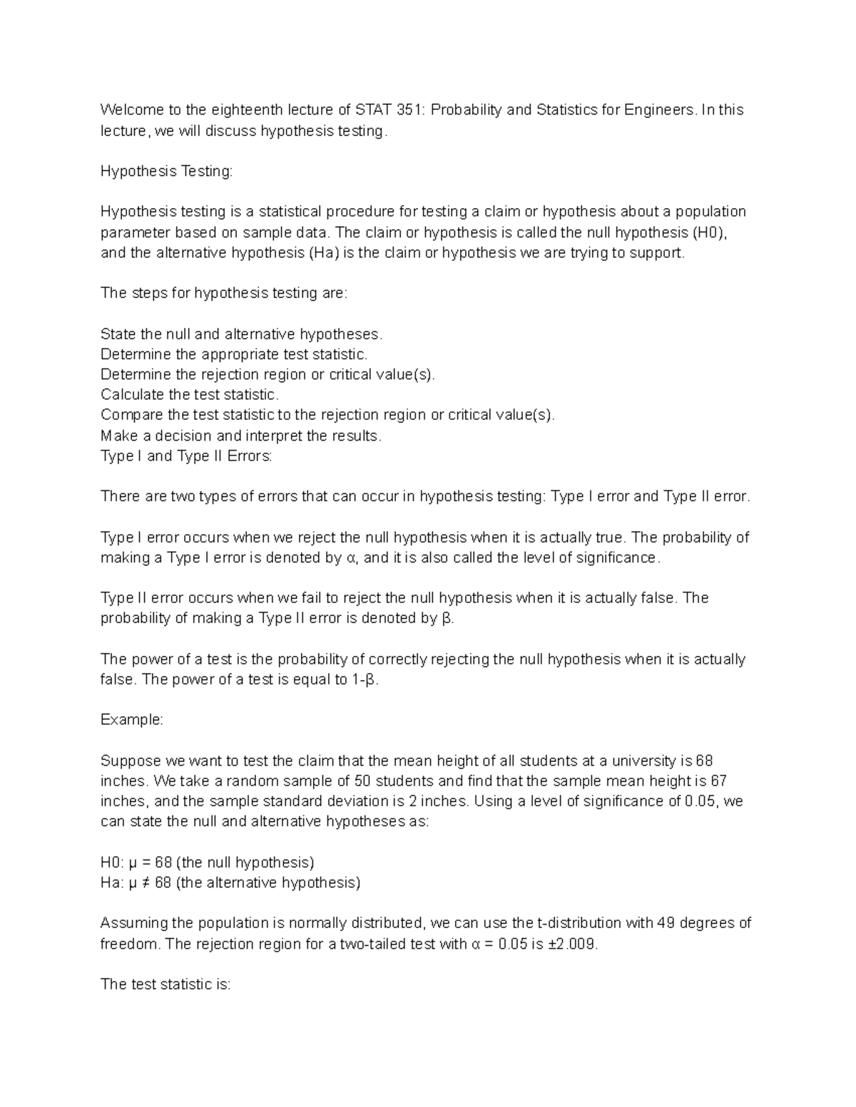 Lecture #18 Hypothesis Testing - Welcome to the eighteenth lecture of ...