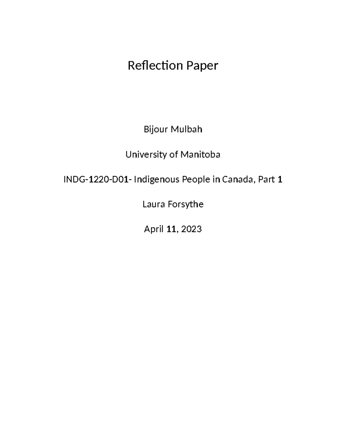 Reflection papaer - Reflection Paper Bijour Mulbah University of ...