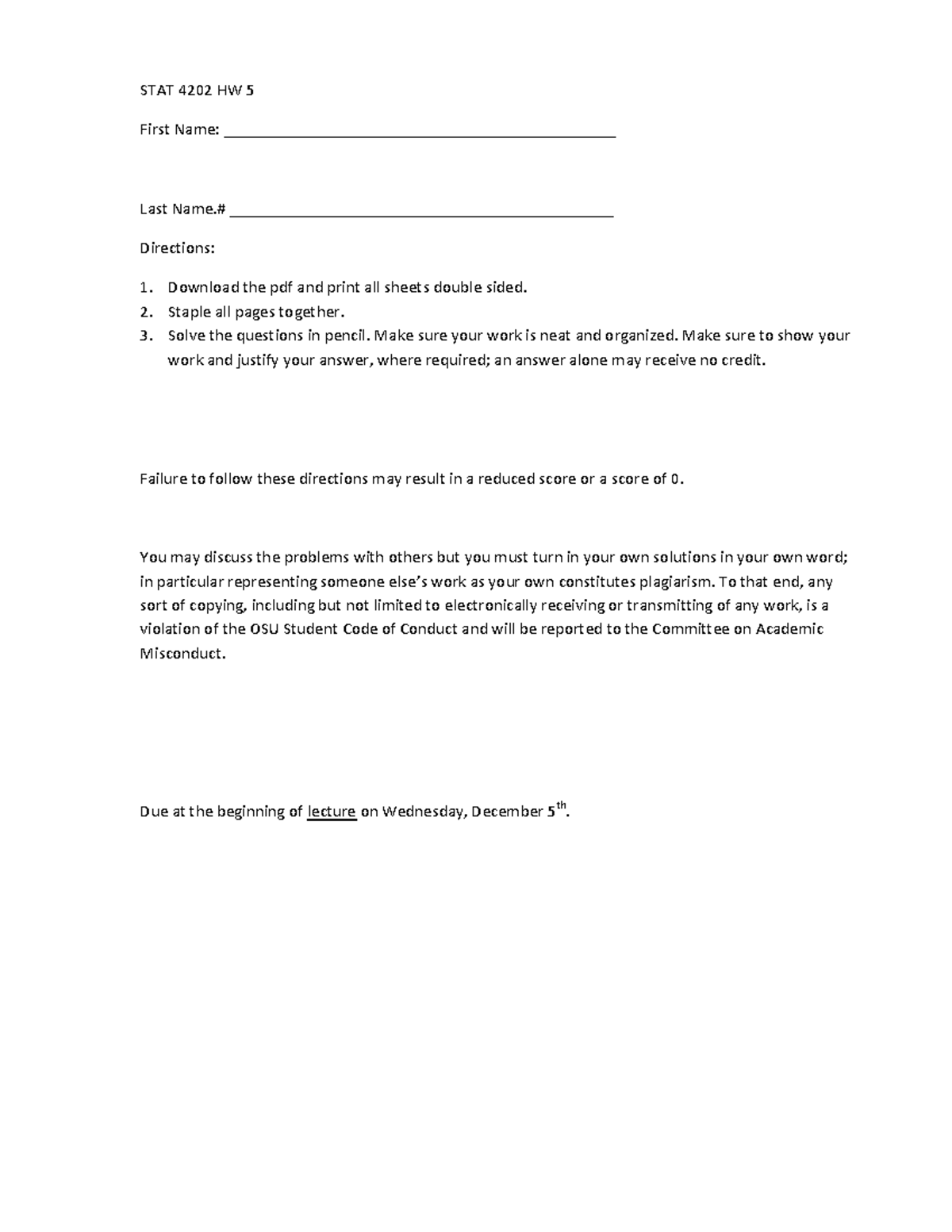 STAT 420 2 HW 5 - STAT 4202 Homework 5 Introduction to Mathematical Statistics ii - STAT 4202 HW ...