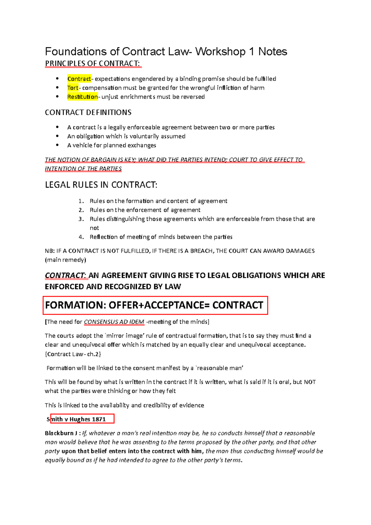 Contract 1 - Foundations of Contract Law- Workshop 1 Notes PRINCIPLES ...