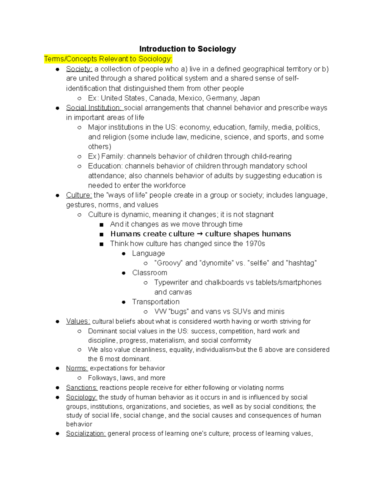 Intro to Sociology Notes for Exam 1 - Introduction to Sociology Terms ...