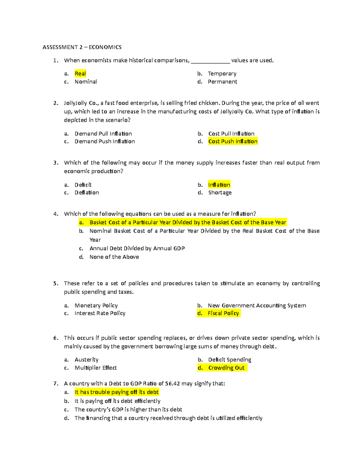 Basic Concepts on Macroeconomics Reviewer - Answer Key - ASSESSMENT 2 ...
