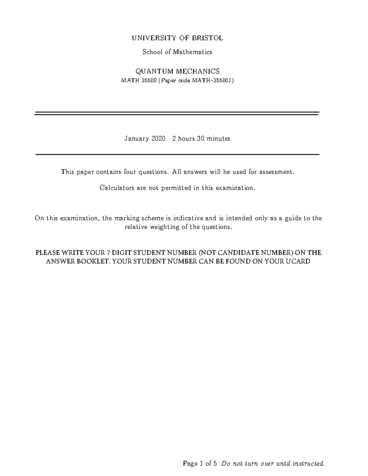 Quantum Mechanics Exam 2020 - UNIVERSITY OF BRISTOL School of ...