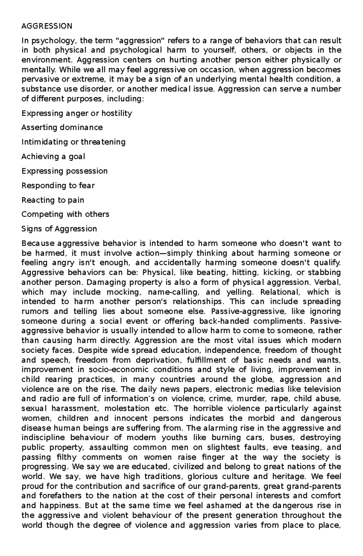 Aggression - Lecture Notes - AGGRESSION In psychology, the term ...