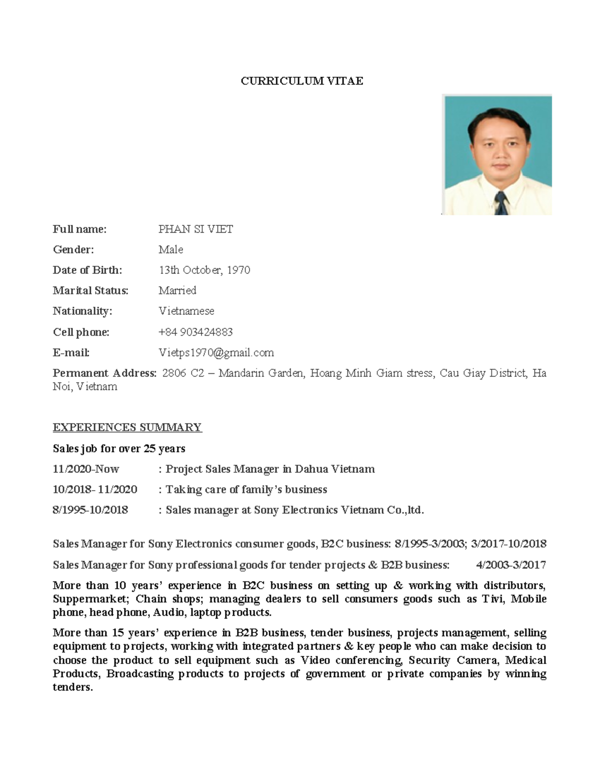 Phan Si Viet - Hay - CURRICULUM VITAE Full name: PHAN SI VIET Gender ...