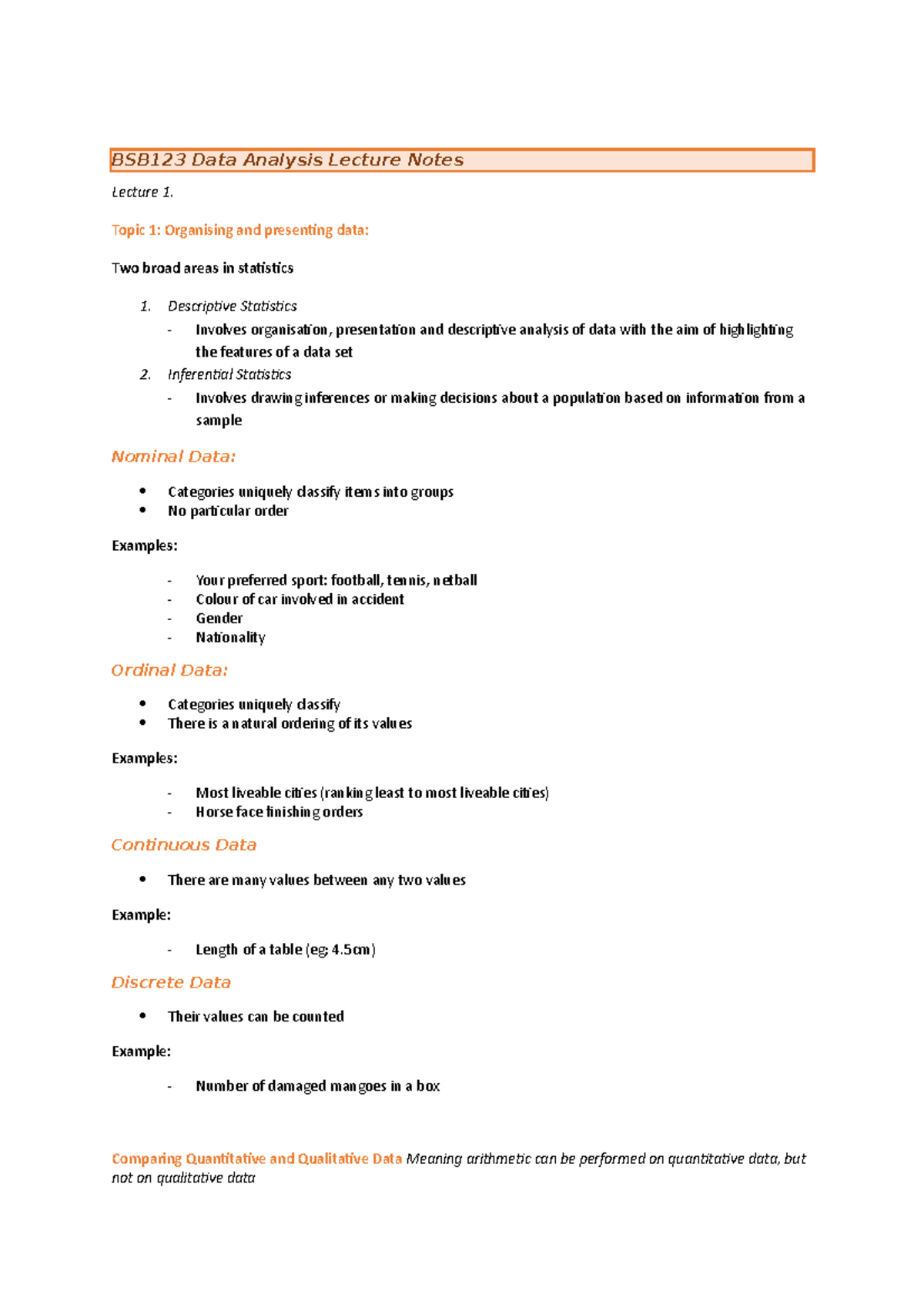 Bsb123 Data Analysis Lecture Notes Bsb123 Data Analysis Lecture Notes