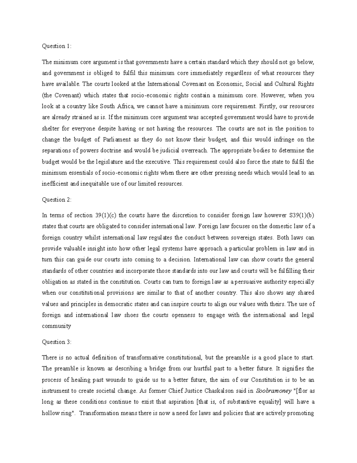 Constitutional Law Seminar 1 - Question 1: The minimum core argument is ... Constitutional Law Seminar 1 - Question 1: The minimum core argument is ...