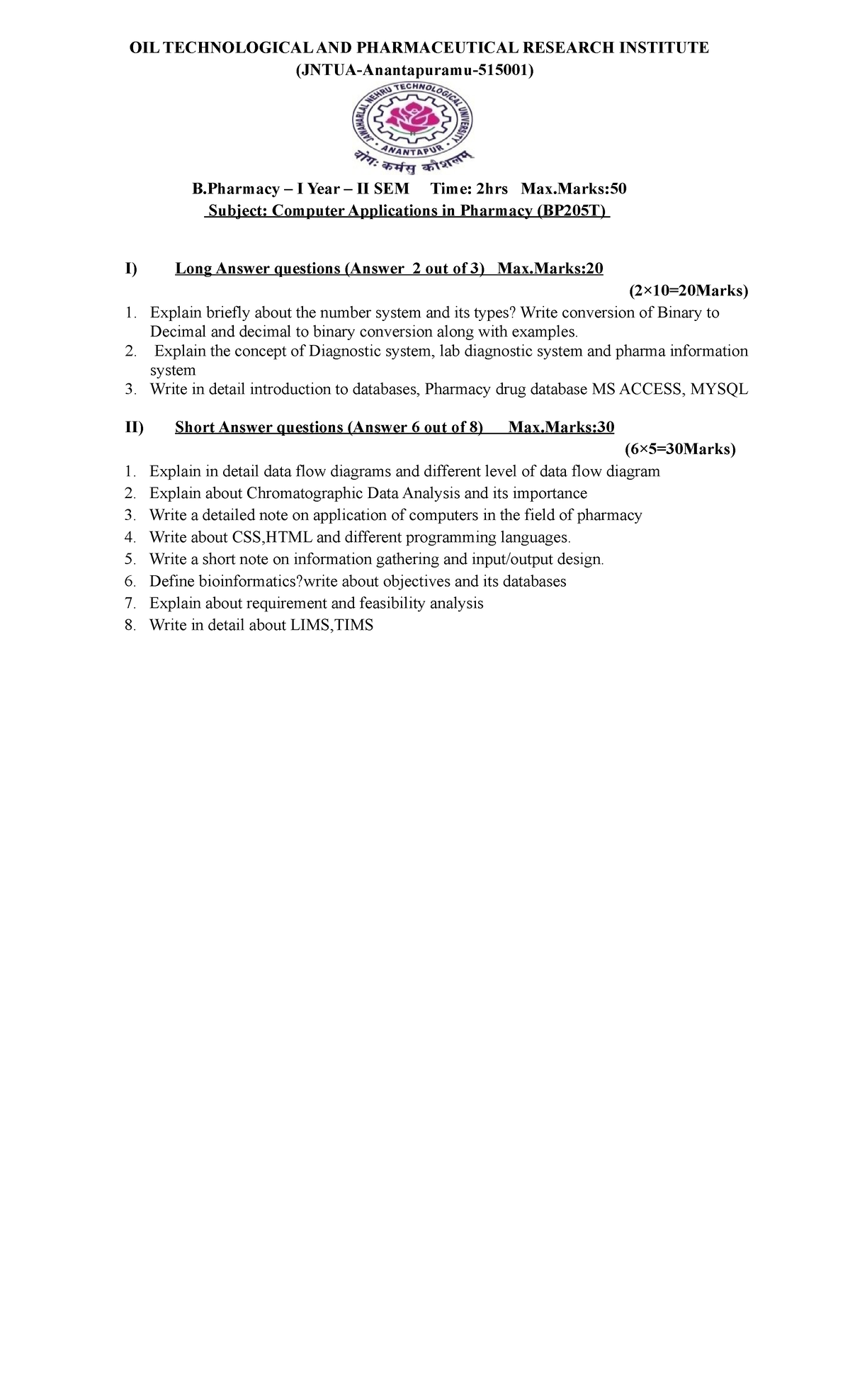 Computer applications in pharmacy End exam Q.P for Bpharm 1st yr 2nd ...