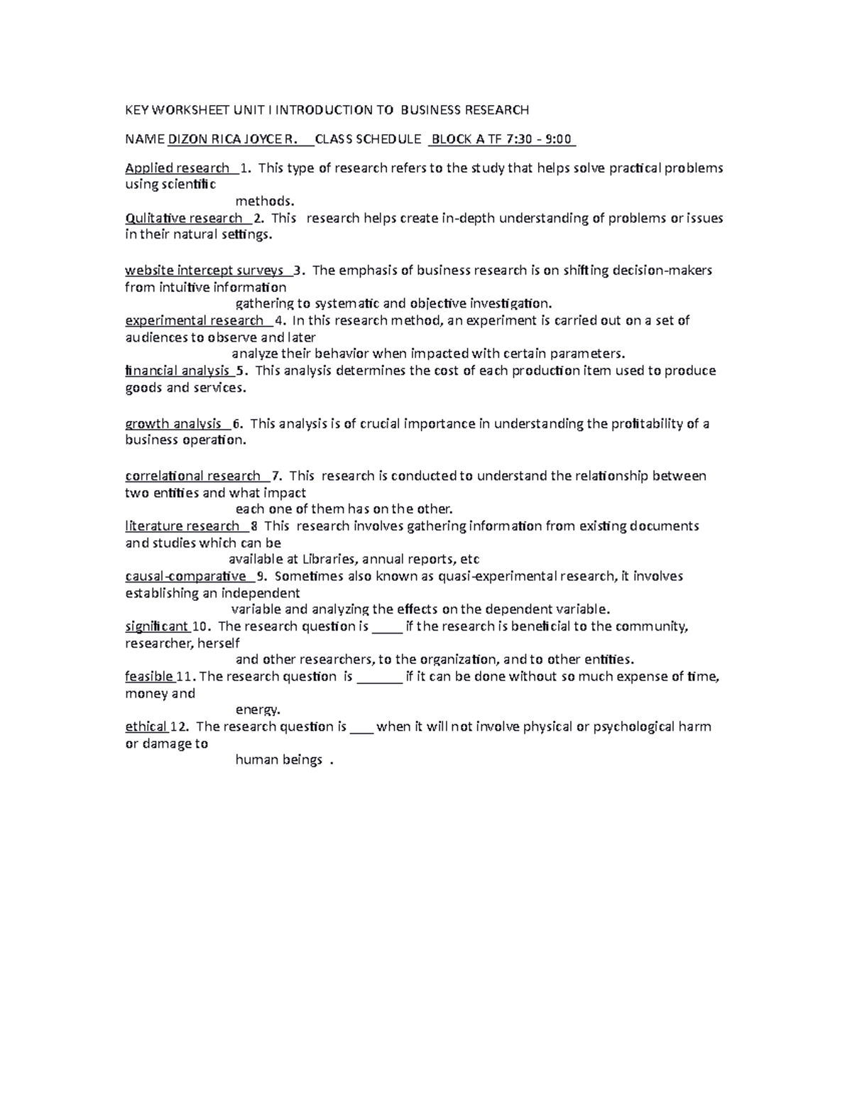 Worksheet Lesson 1 - n/a - KEY WORKSHEET UNIT I INTRODUCTION TO ...