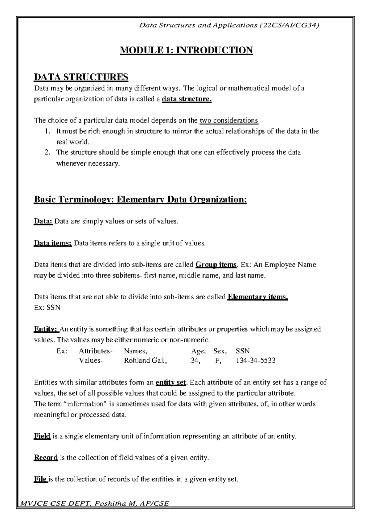 DATA Strcutures MOD 1 Notes - MODULE 1: INTRODUCTION DATA STRUCTURES ...