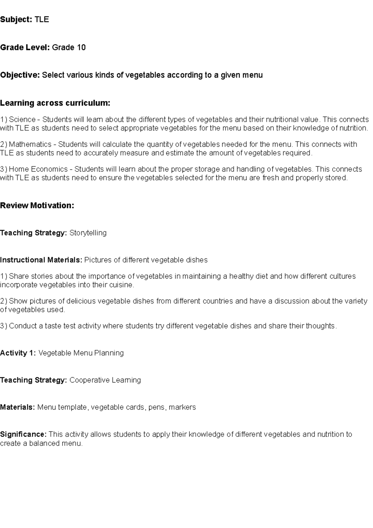 Lesson plan - plan - Subject: TLE Grade Level: Grade 10 Objective ...