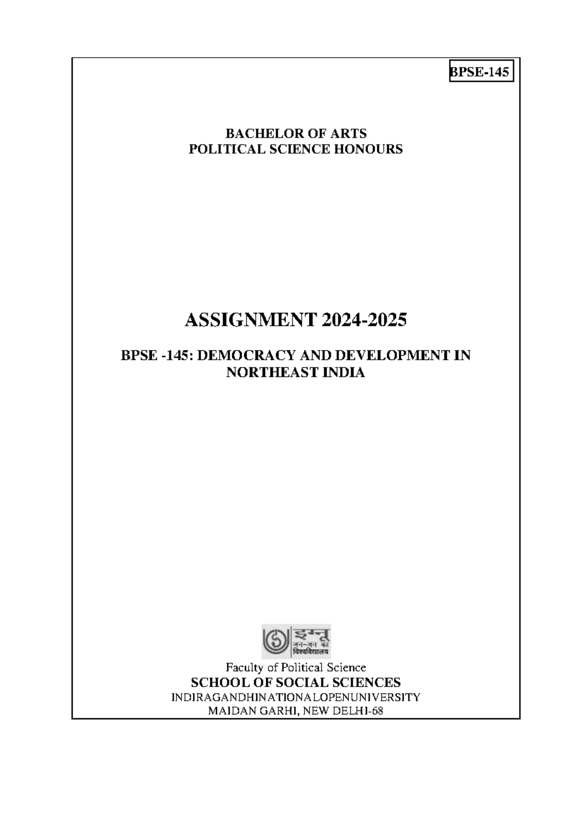 BPSE 145 (E) 2024-25 (1) - BPSE- BACHELOR OF ARTS POLITICAL SCIENCE ...