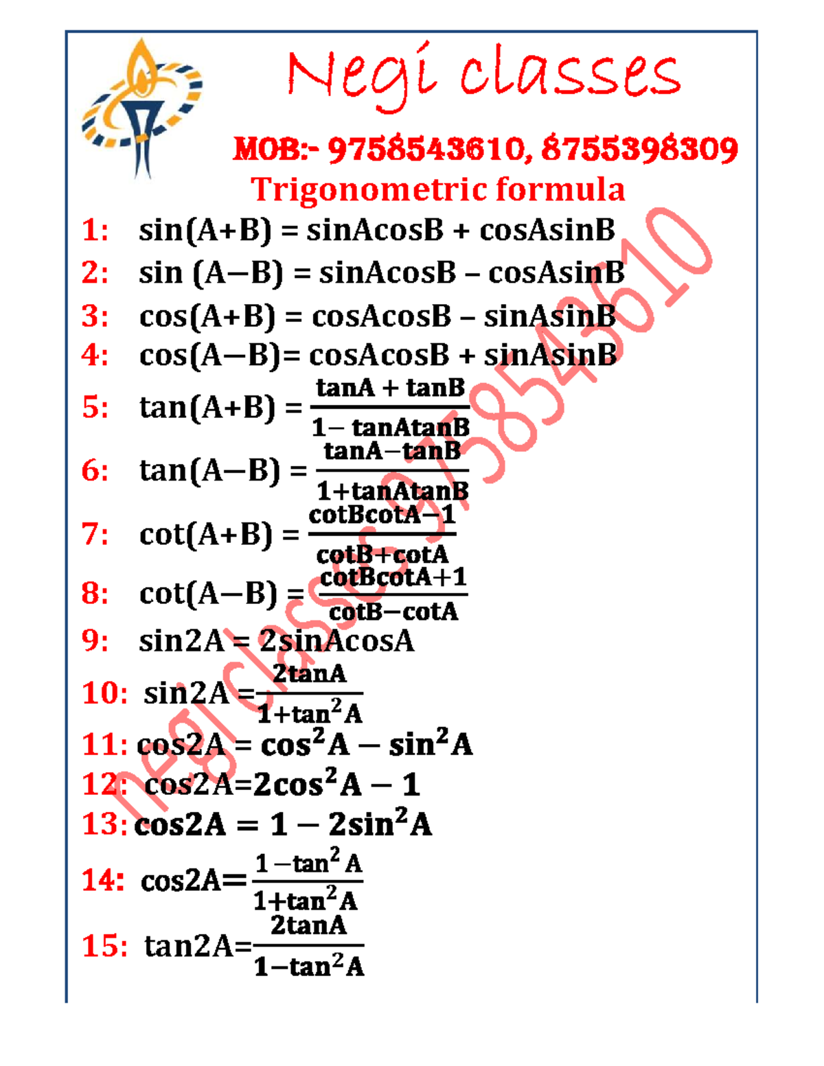 Trigonometric Formulas - Maths formula - Negi classes Mob:- 9758543610 ...