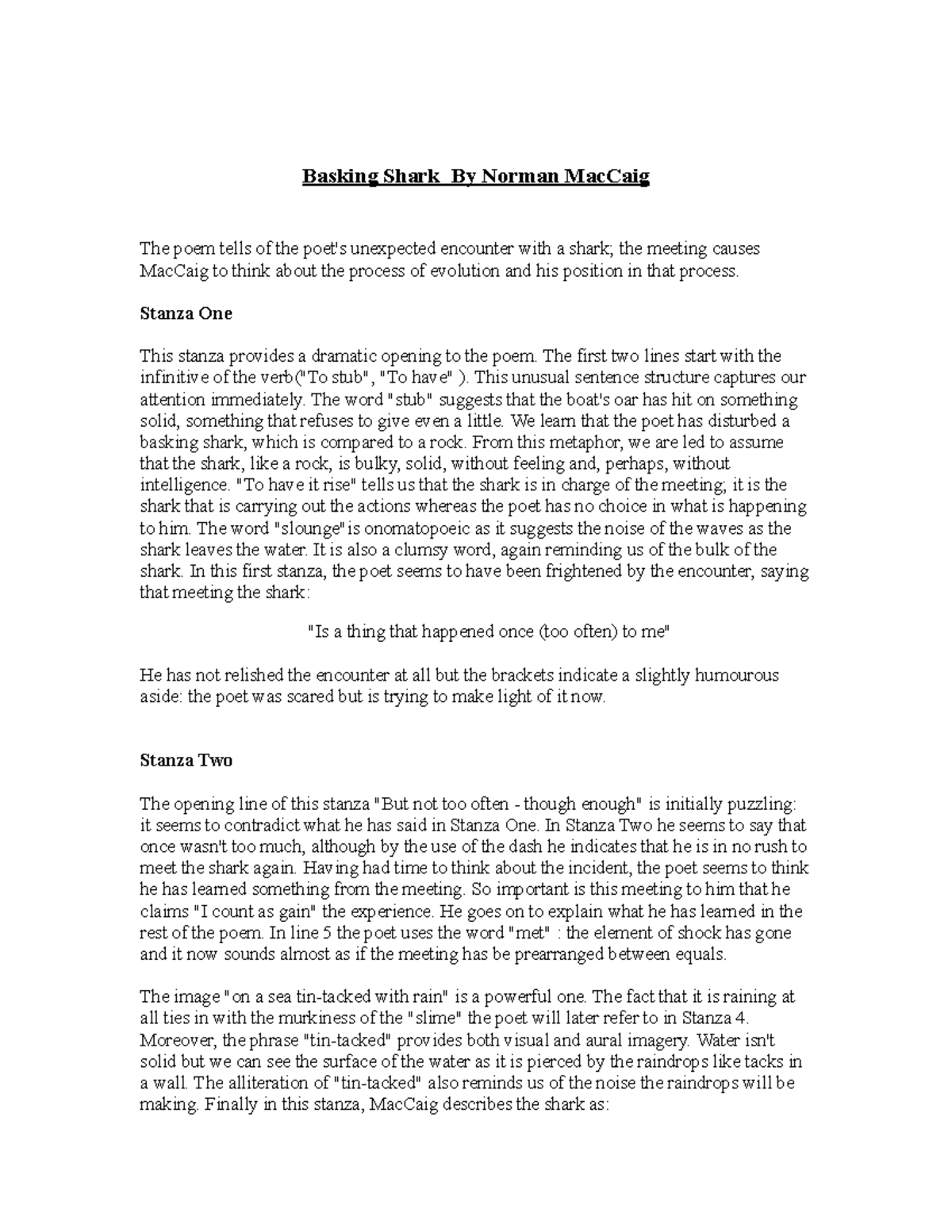 Basking-shark-notes - Basking Shark By Norman MacCaig The poem tells of ...