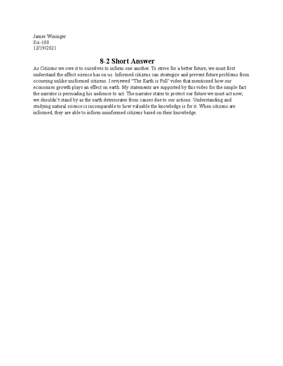 8-2 Short Answer - James Wininger Sci- 12/19/ 8-2 Short Answer As ...