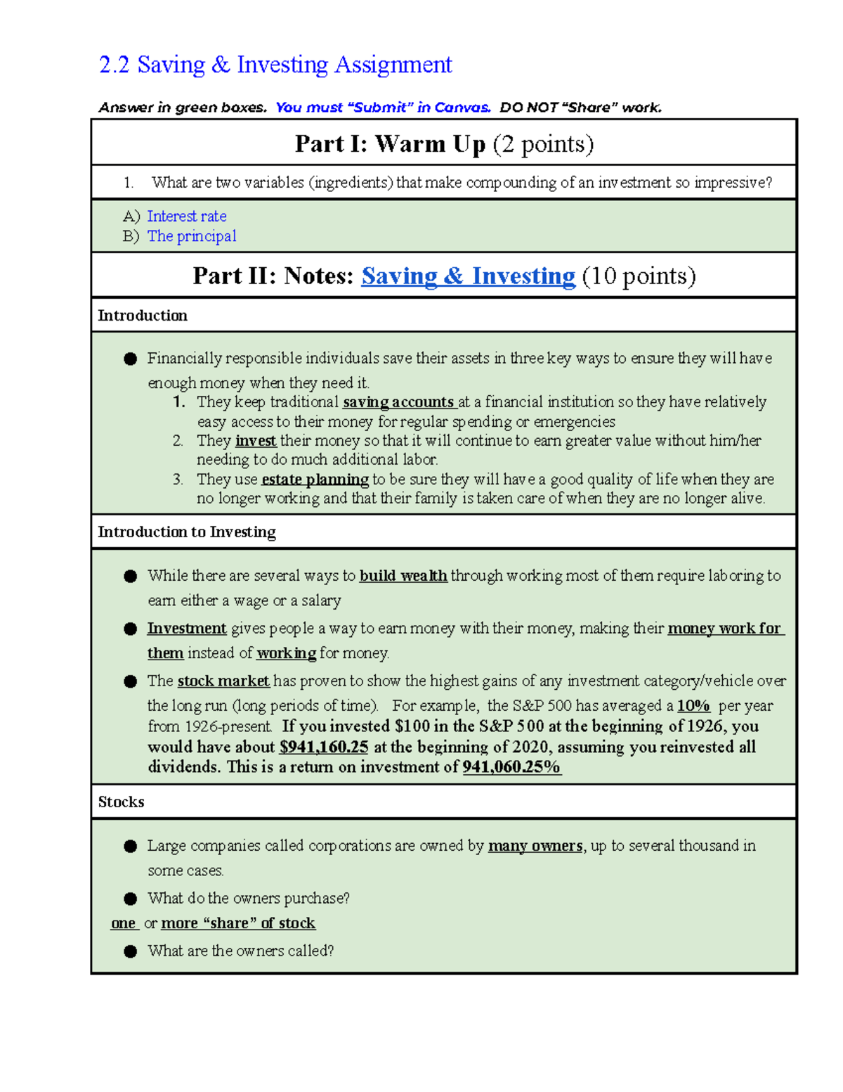 2.2 Saving & Investing Assignment - Answer in green boxes. You must ...