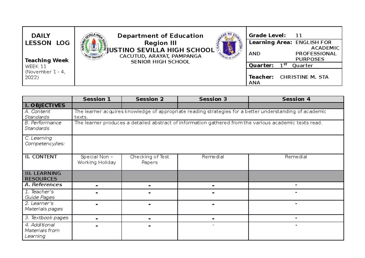EAPP-DLL-W11 - Learning Plan for English for Academic and Professional ...