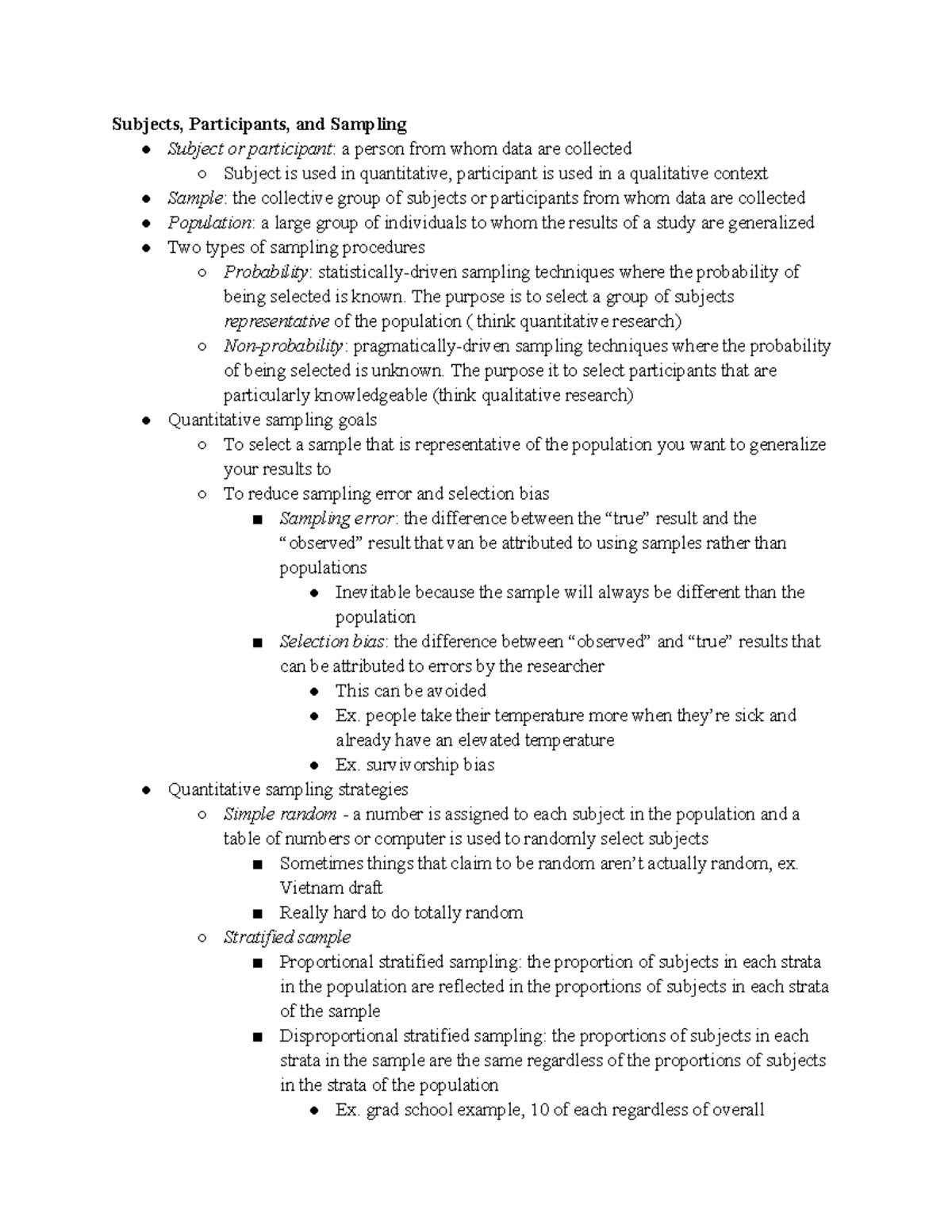 Week 5 Lecture Notes Subjects Participants And Sampling Subject Or Participant A Person
