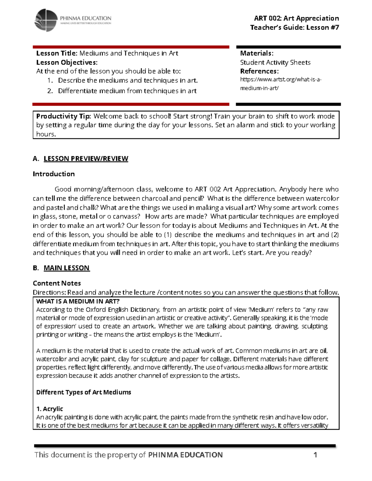 ART 002 Lesson 7 TG - Guide - Teacher’s Guide: Lesson Lesson Title ...