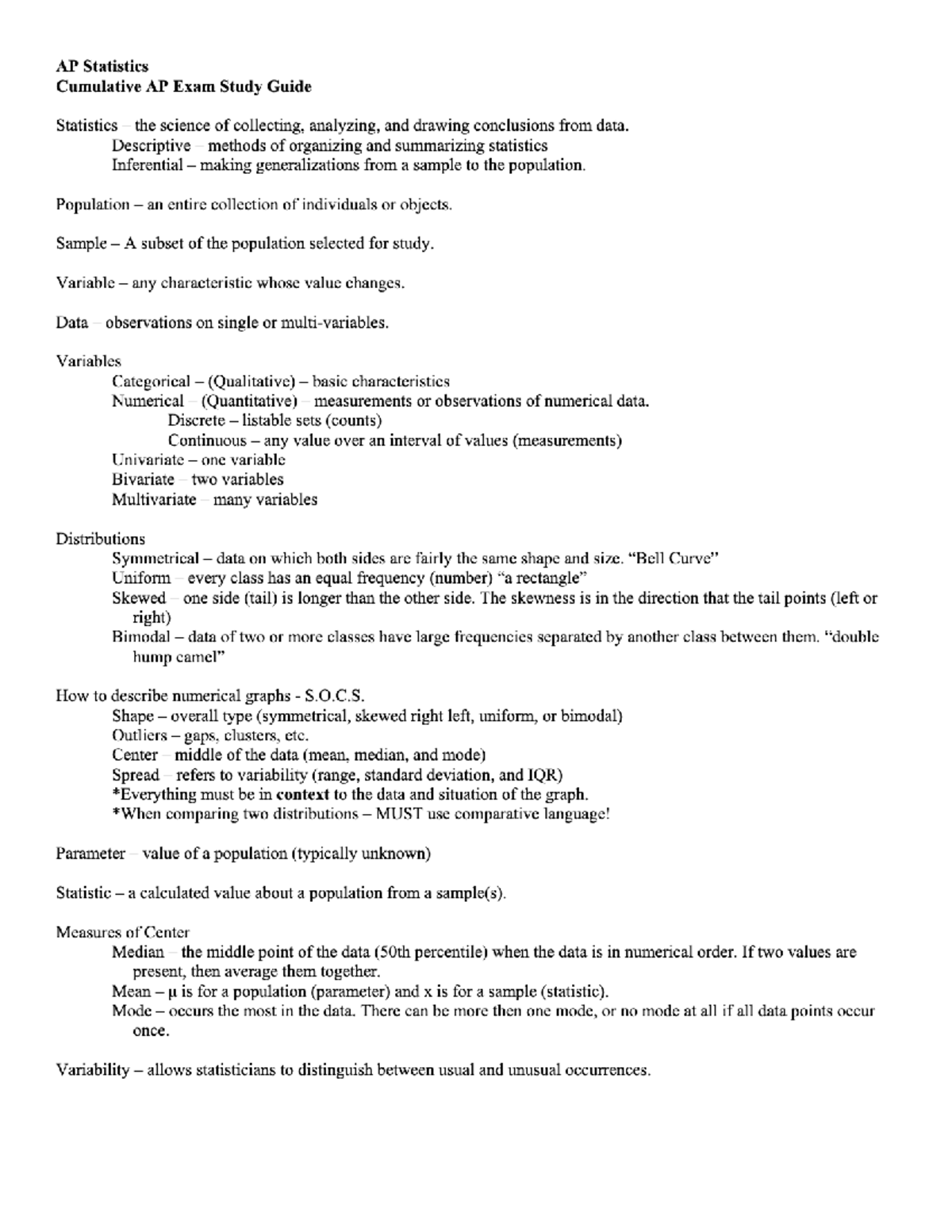 Stat Review Notes.docx - stat review notes - AP Statistics Cumulative ...