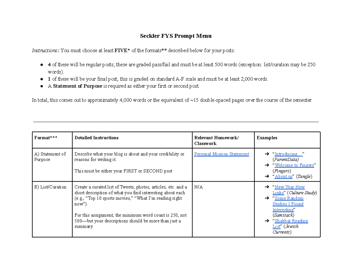 Seckler FYS Prompt Menu - Seckler FYS Prompt Menu Instructions: You ...