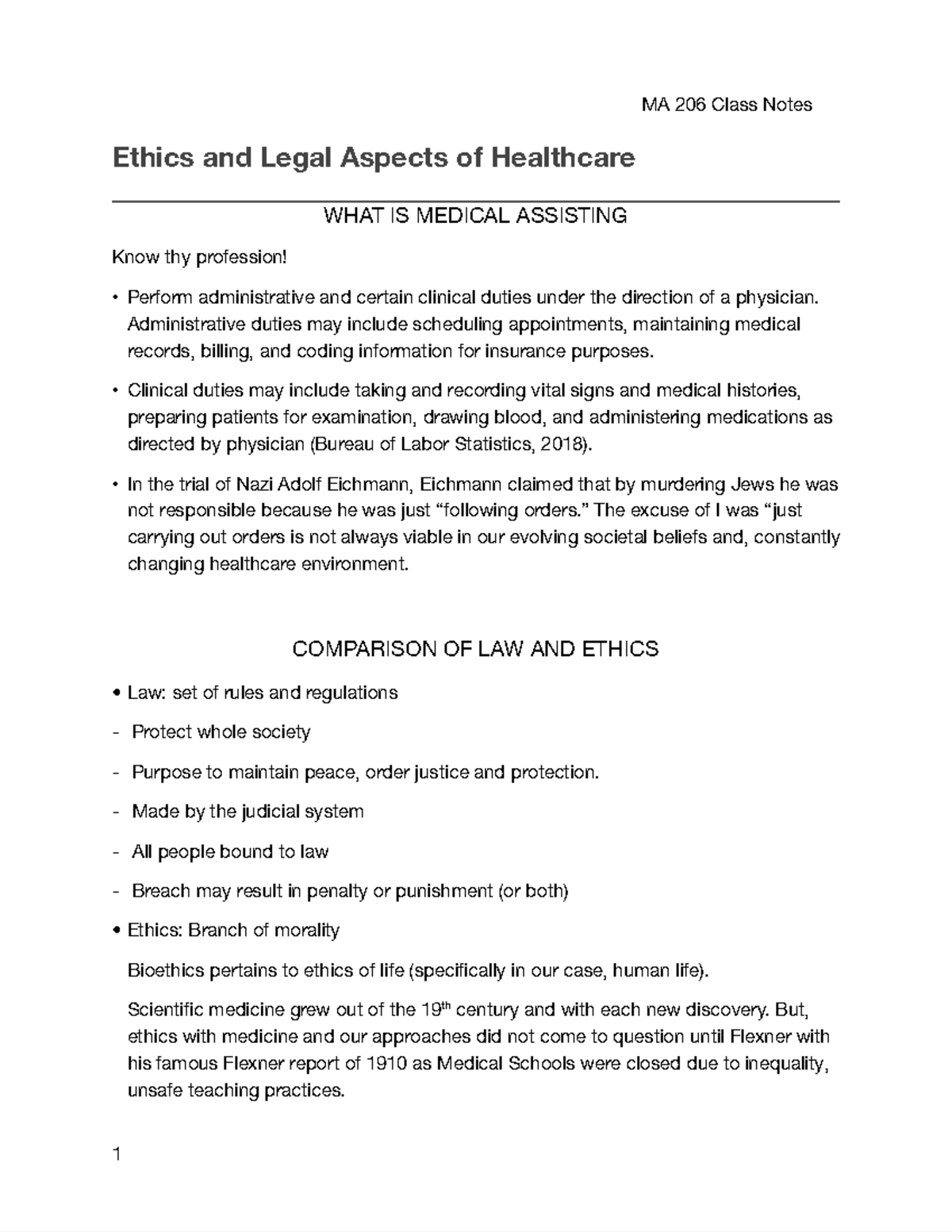 MA 206 Ethics and Laws Notes for the Med. Assistant - Ethics and Legal ...