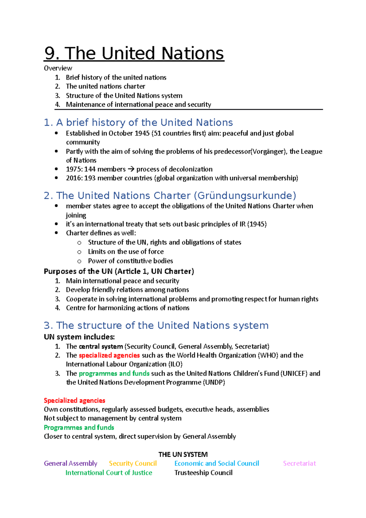 9 United Nations - Summery of Powerpoint - 9. The United Nations ...