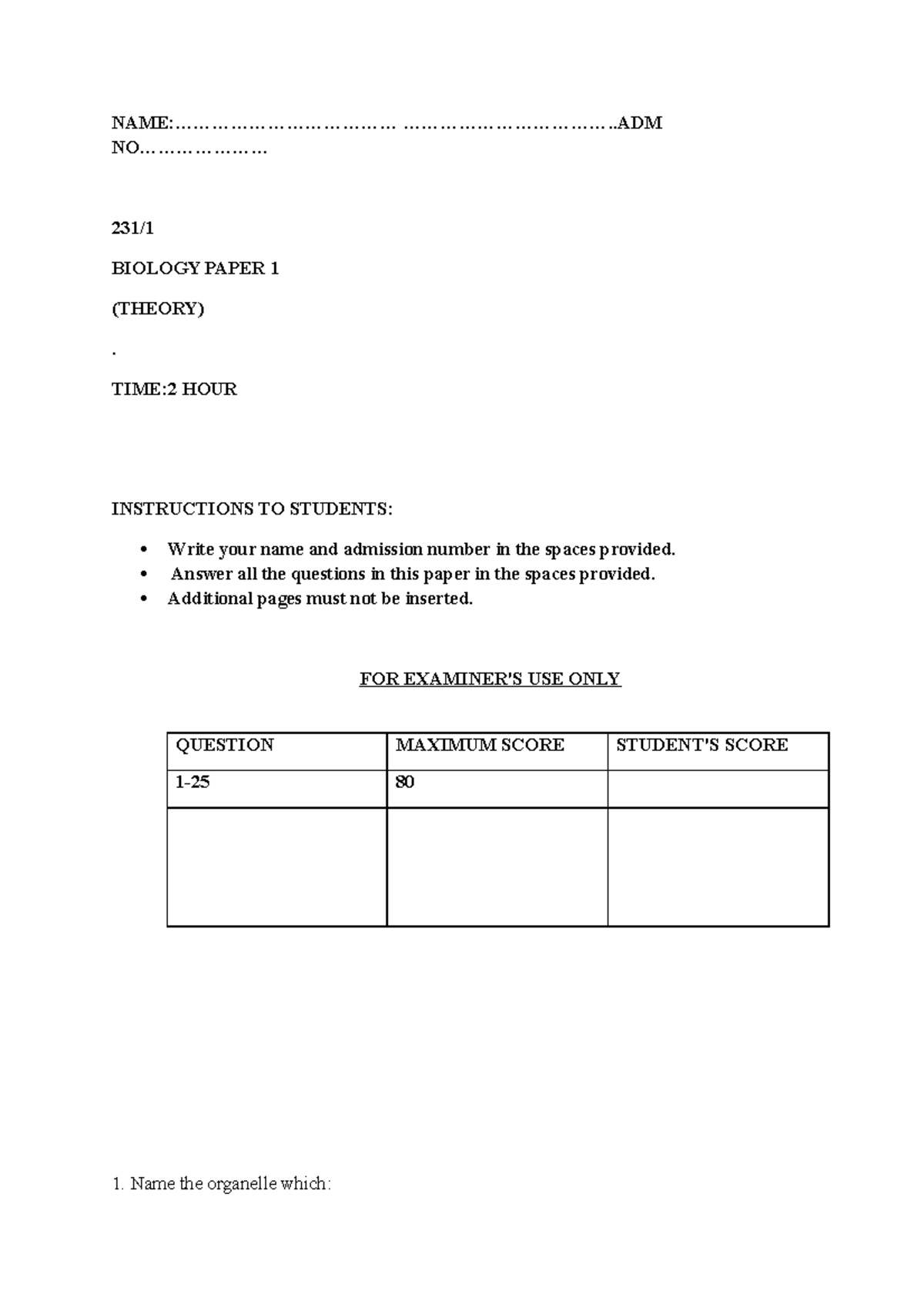 Biology FORM 3 P1 - good - NAME ...