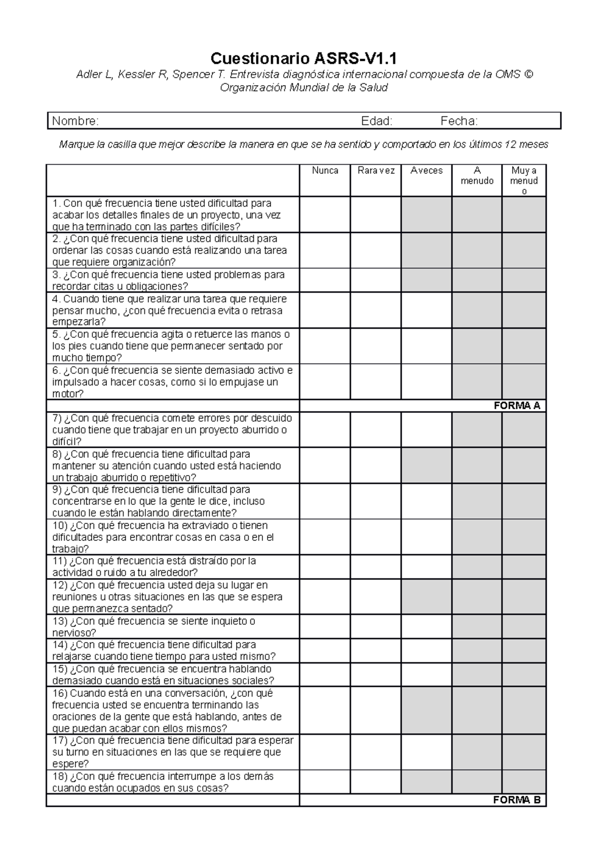 OMS, 2010 - Cuestionario ASRS cribado TDAH Adulto ITE - Cuestionario ...