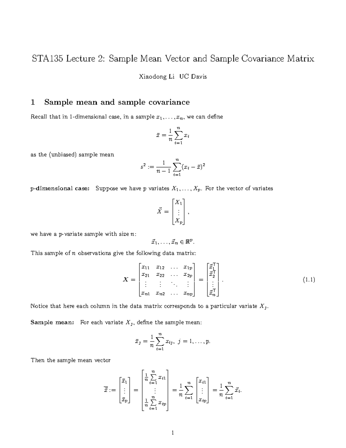 135Note2 - STA135 Lecture 2: Sample Mean Vector and Sample Covariance ...