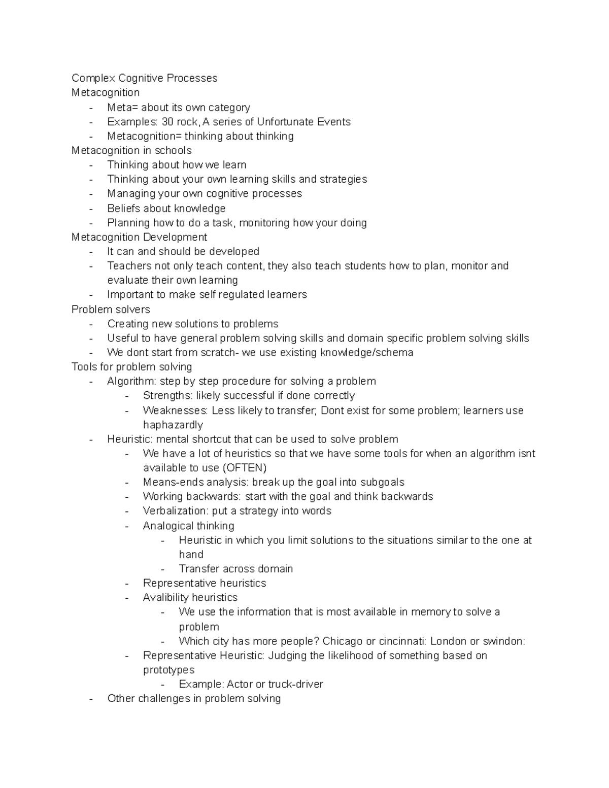 Complex Cognitive Processes - Complex Cognitive Processes Metacognition ...