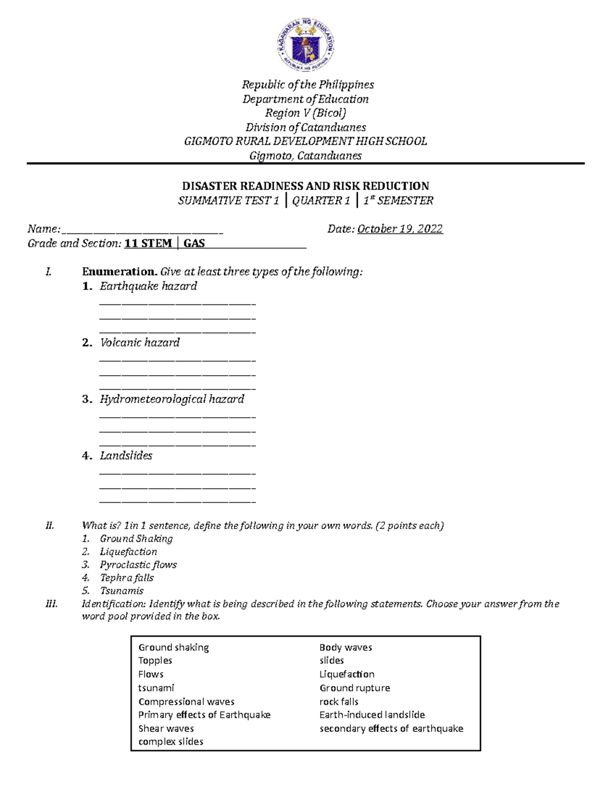 DRRR Q1 long quiz 1 - BIOLOGY PERIODICAL TEST - Republic of the ...