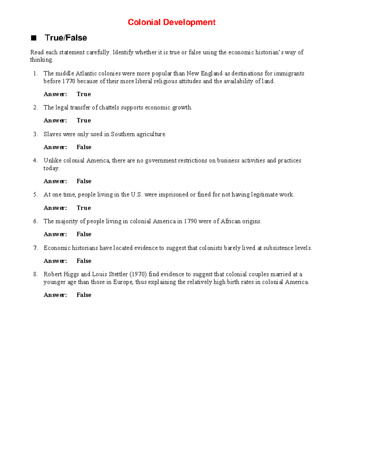 Colonial Development - american history - Colonial Development True ...