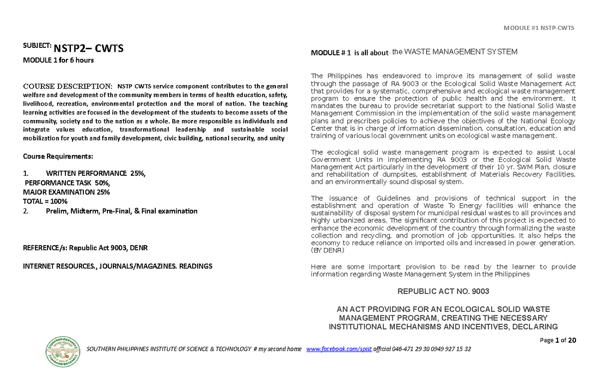 NSTP2- Module-1 WATE MGT Spist - SUBJECT: NSTP2– CWTS MODULE 1 for 6 ...